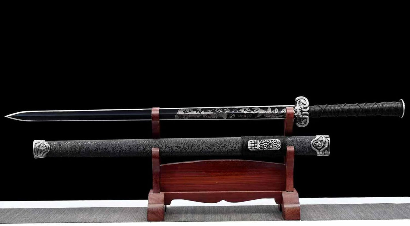 Han Jian Sword- Forged High carbon Steel Blade,Black Engraved Design ...