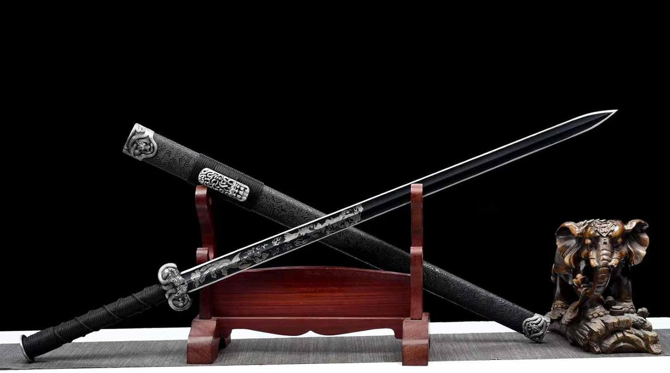Han Jian Sword- Forged High carbon Steel Blade,Black Engraved Design ...