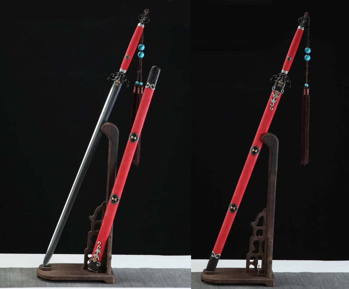 Fire Dragon Swords,Forged Damascus Steel Blade,Red Skin Scabbard,Brass ...