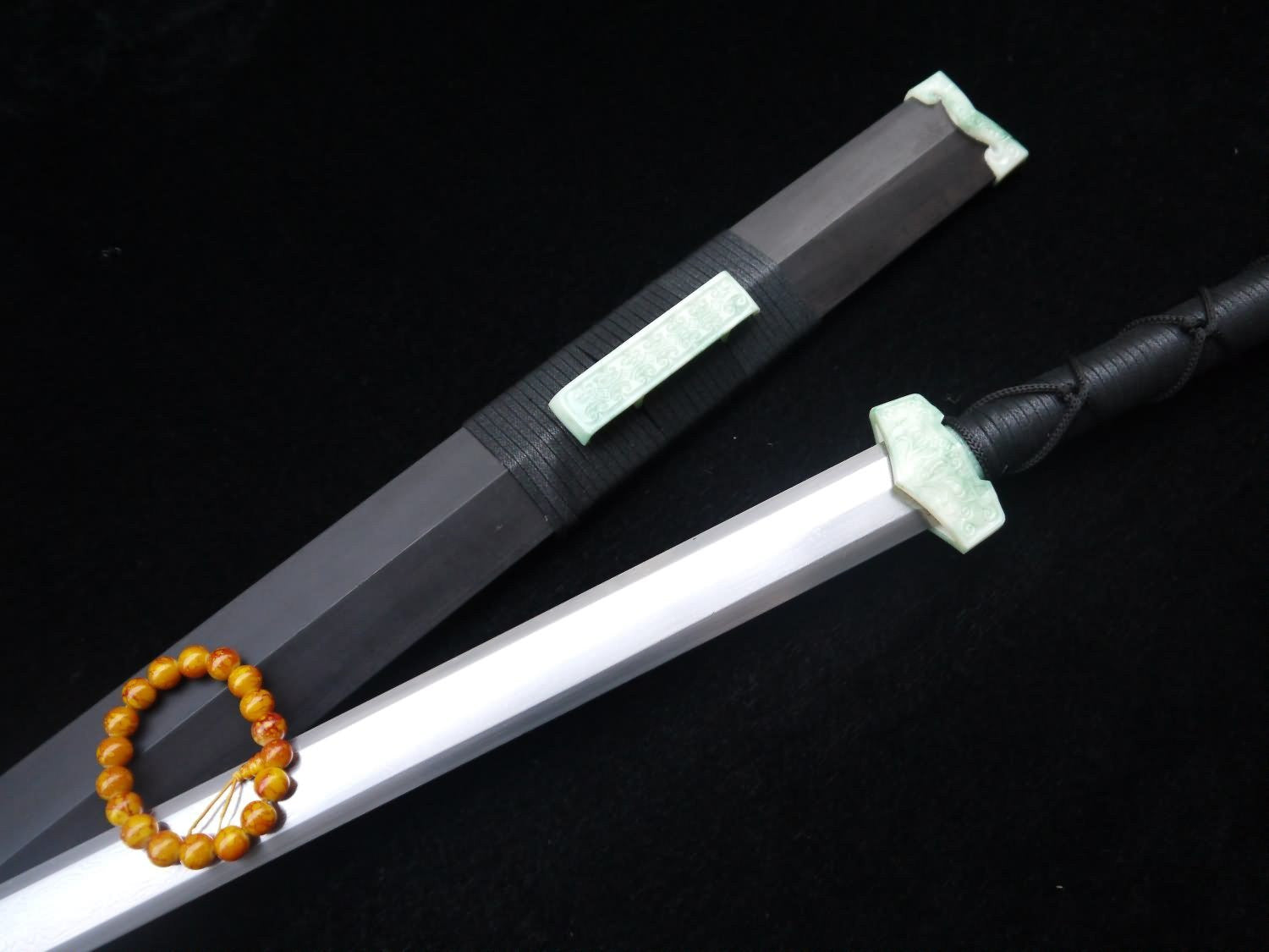 Jade sword,Damascus steel Eight blade,Black scabbard – Chinese Sword store