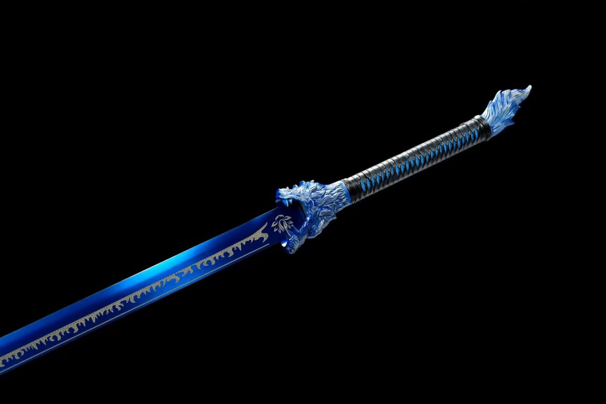 LONGSWORD Handcrafted Blue Wolf-Head Dao Swords Real with Forged ...
