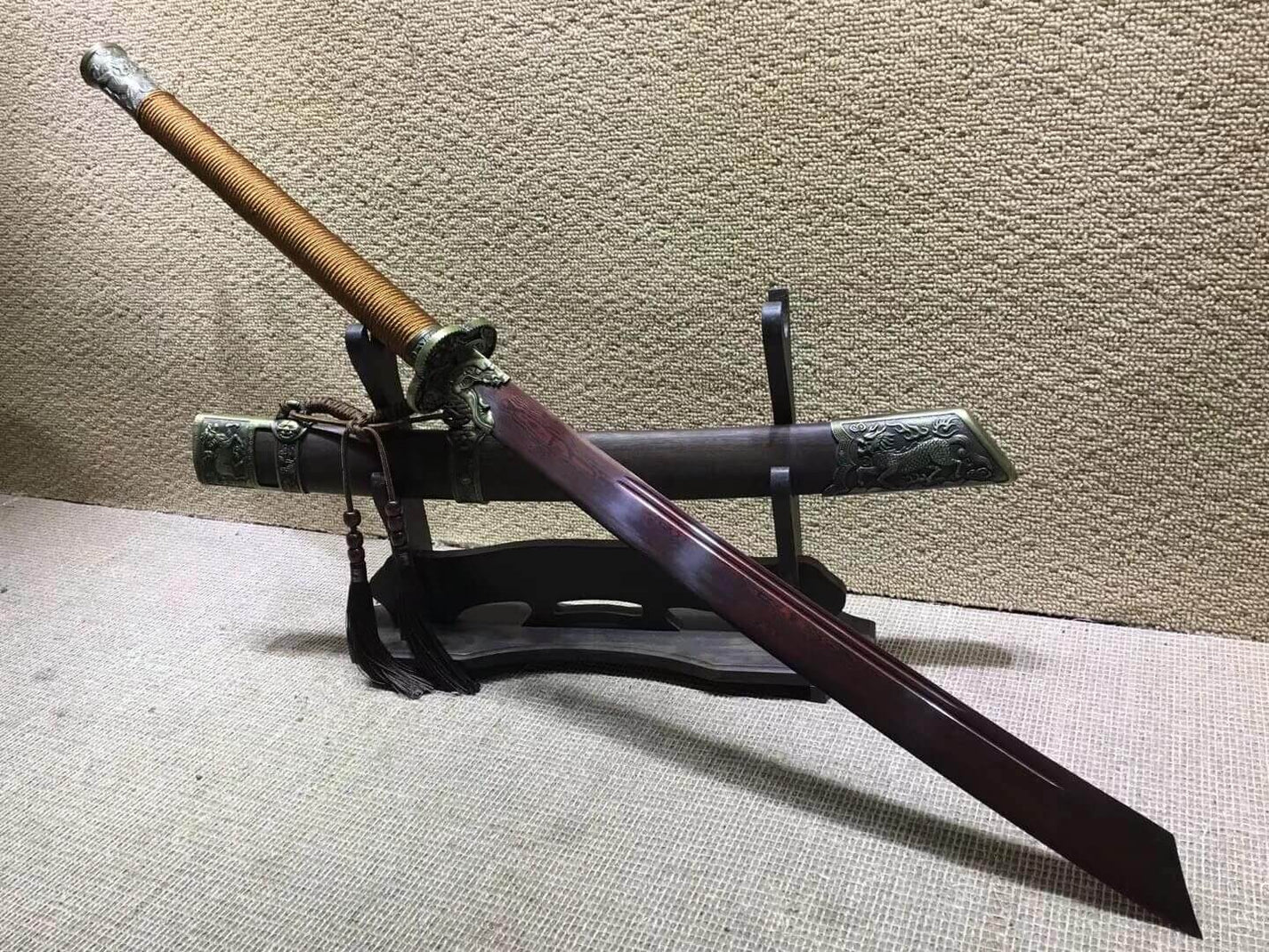 Kangxi dao sword,Forged Damascus steel red blade,Alloy fittings,Rosewo ...