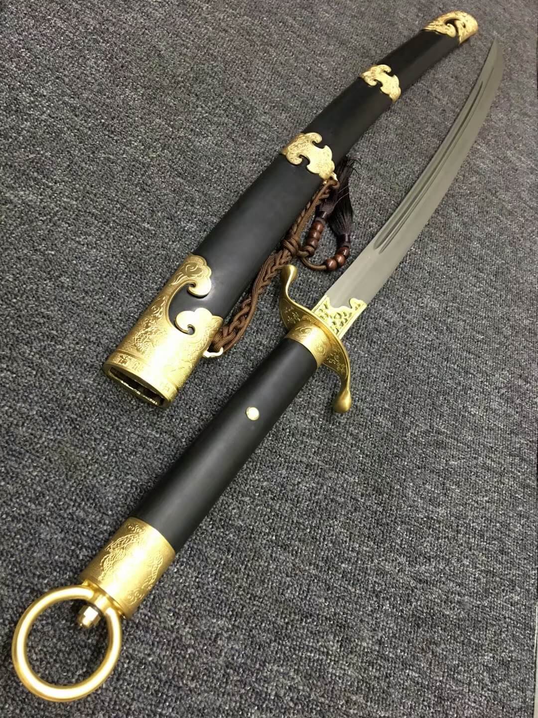 Tai chi sword,Miao dao,Forged Damascus steel blade,Black wood,Brass ...