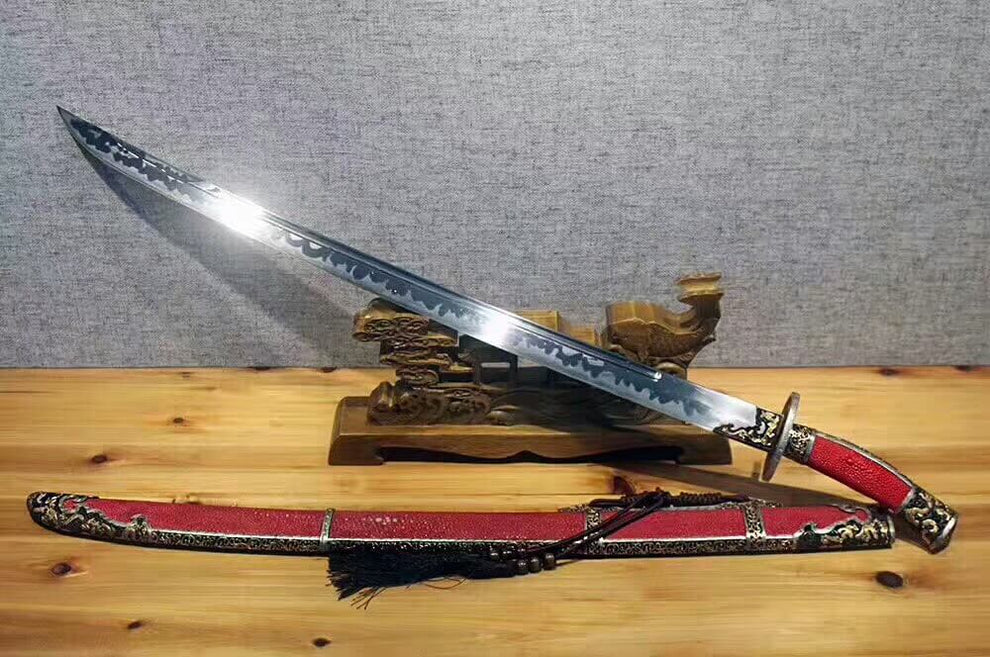 Broadsword,Damascus steel burn blade,Red skin scabbard,Brass fitting ...