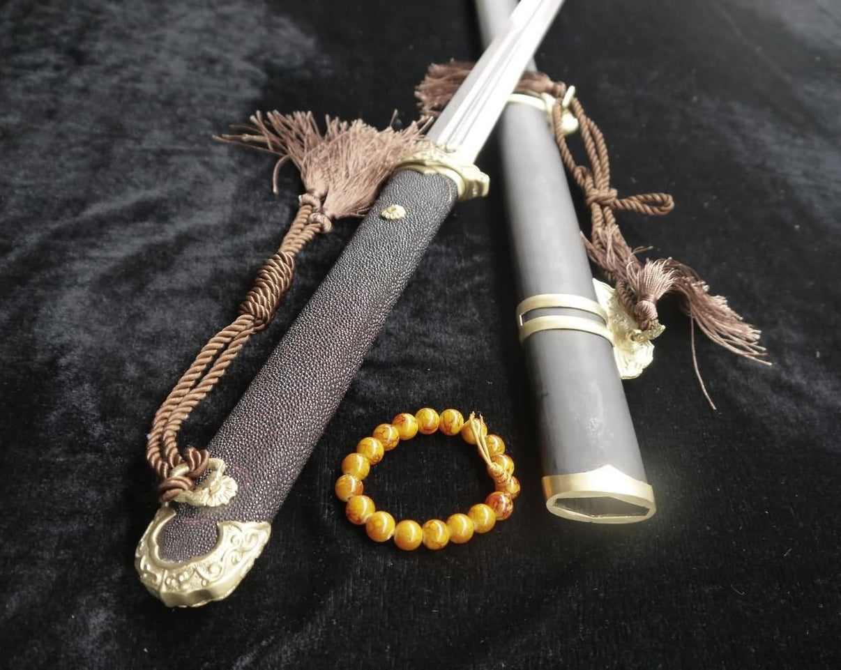 Tang sword,Folded steel,Black scabbard,skin hilt,Copper fitting ...