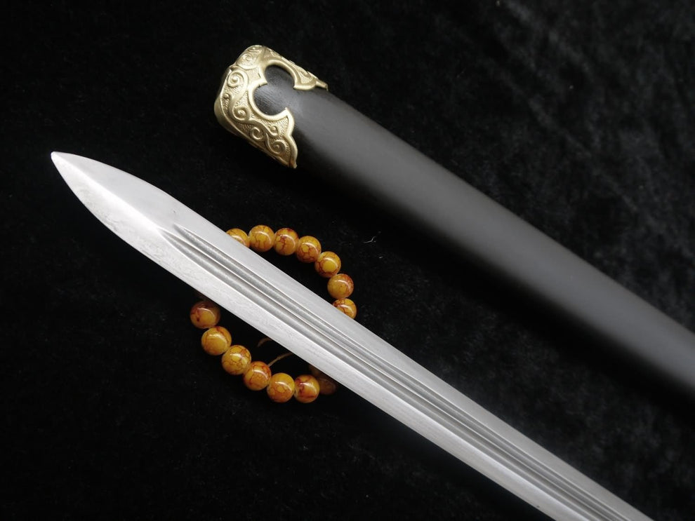 Tang sword,Folded steel,Black scabbard,skin hilt,Copper fitting ...