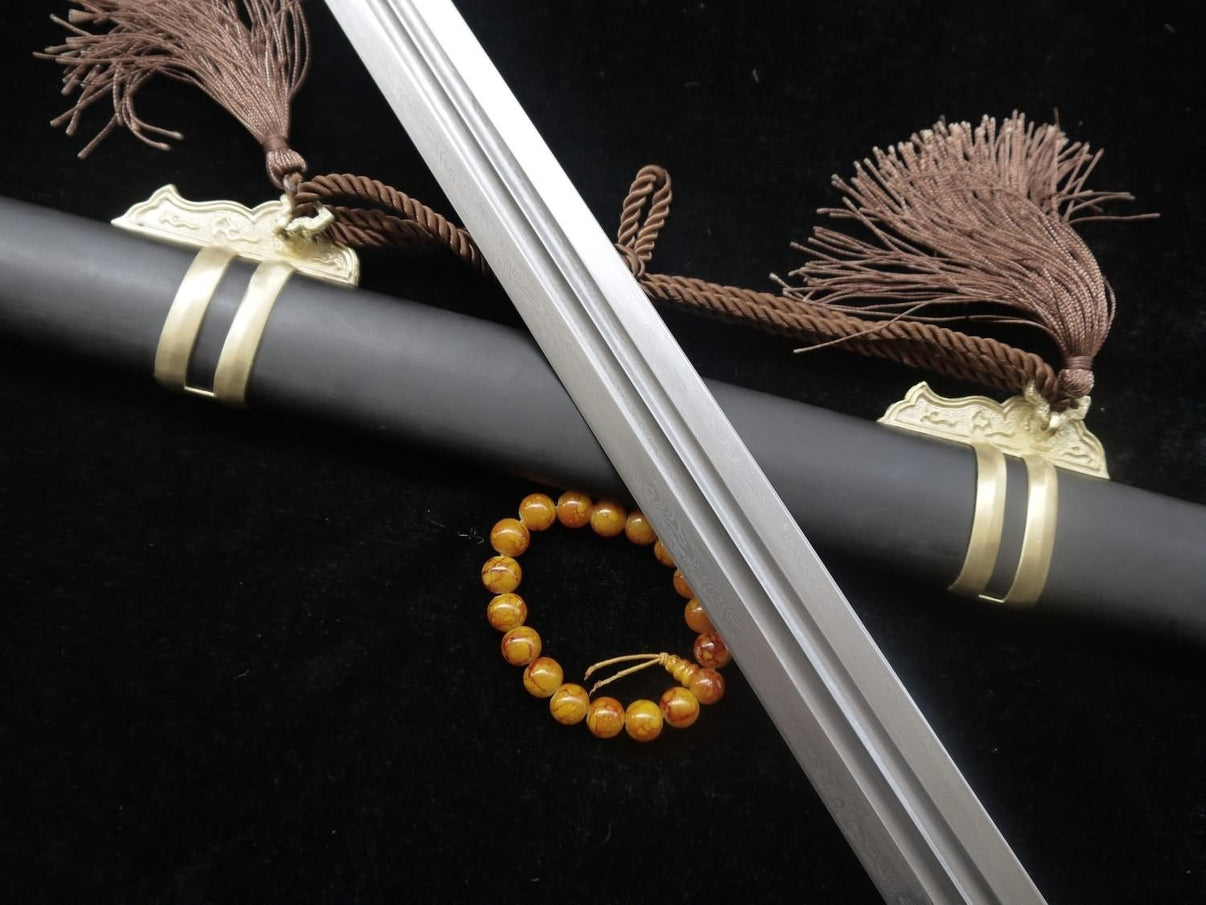 Tang sword,Folded steel,Black scabbard,skin hilt,Copper fitting ...