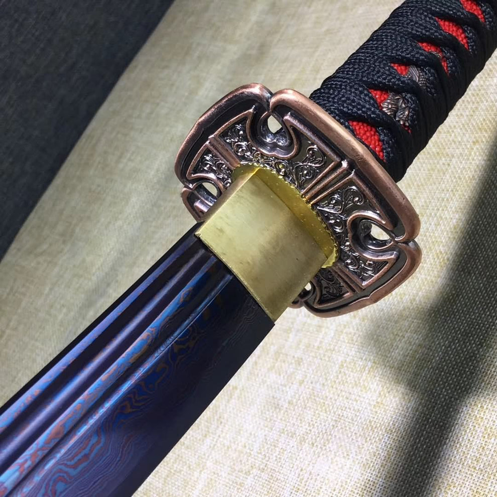 Samurai sword,Folding steel blue blade,Leather scabbard,Alloy Tosogu ...