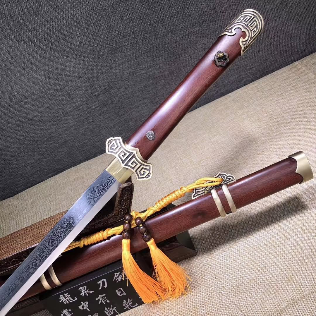 Tang jian sword,Damascus steel blade,Brass fittings,Rosewood scabbard ...