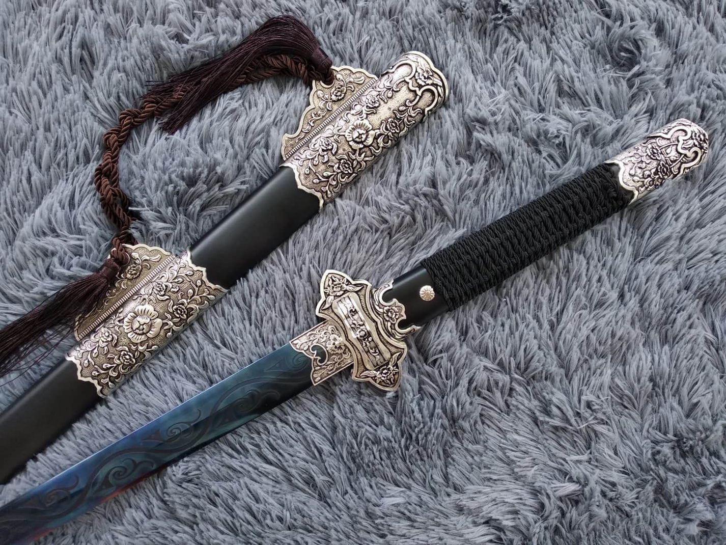 Tang sword,Hand Forged(High manganese steel blue blade,Black wood ...